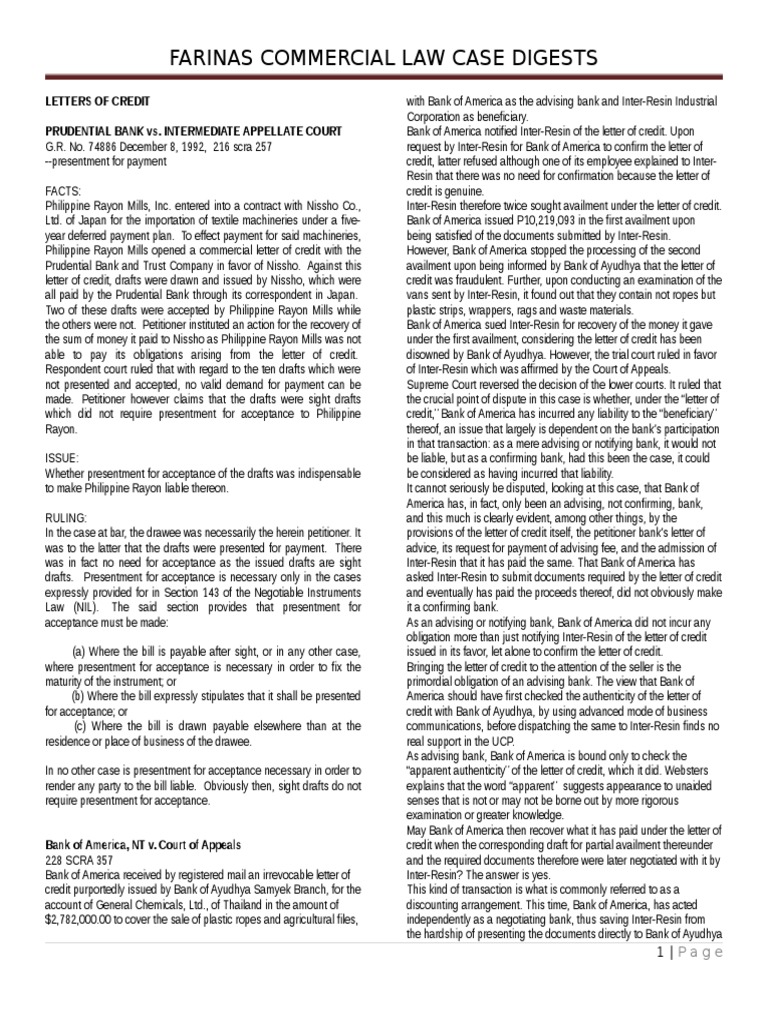 Commercial Law Case Digests | PDF | Letter Of Credit | Credit (Finance)