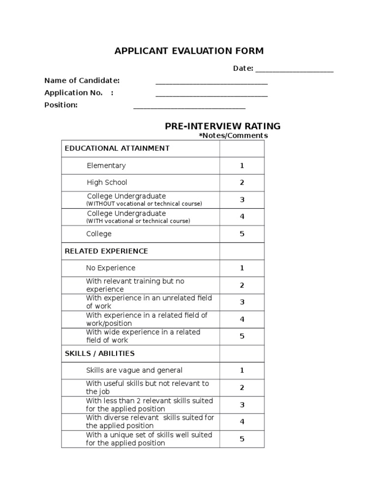 Applicant Evaluation Form: (WITHOUT Vocational or Technical Course ...