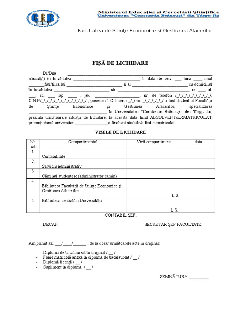 Model Fisa de Lichidare | PDF