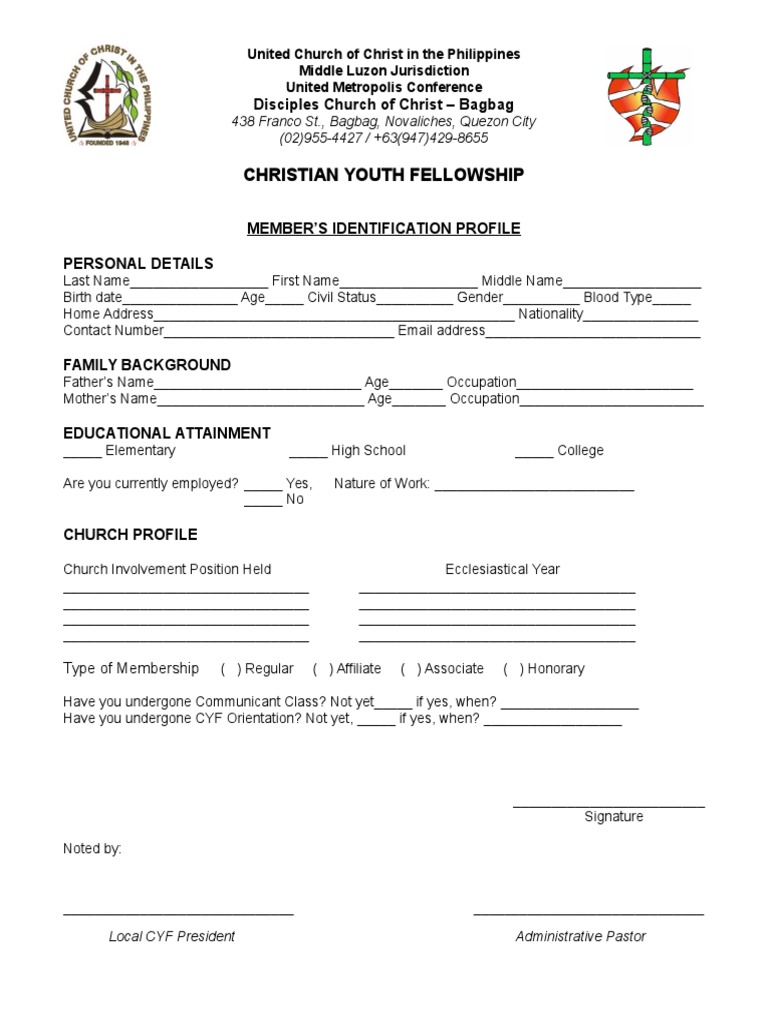 Membership Form UCCP - CYF Bagbag | PDF