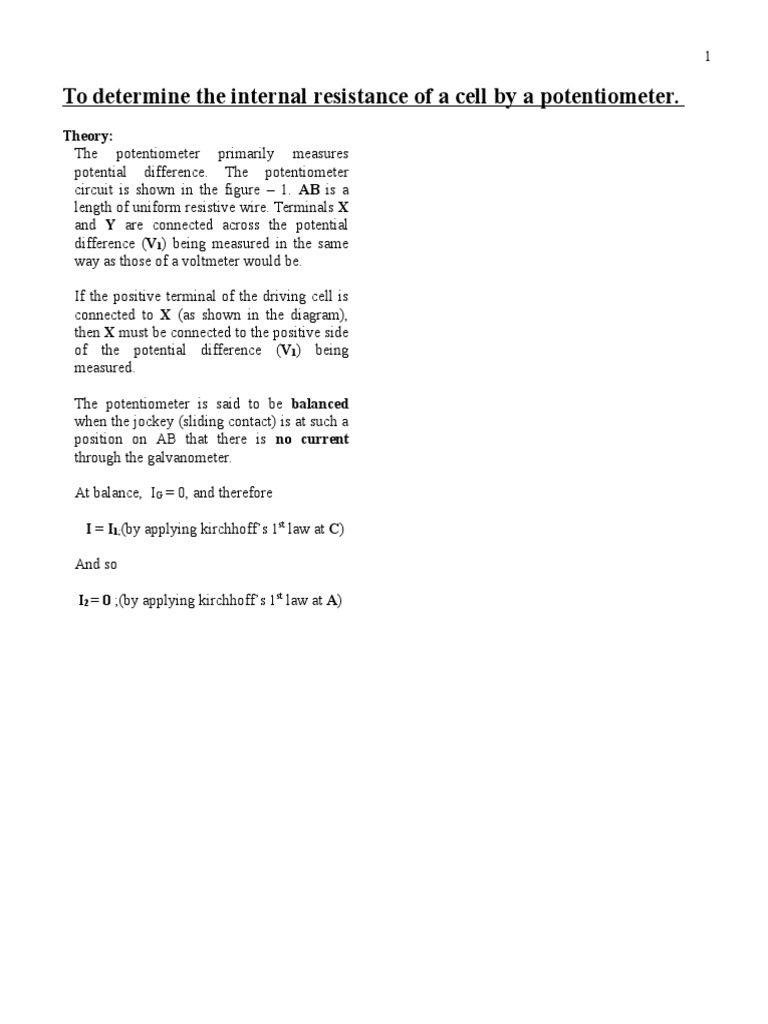 To Determine The Internal Resistance of A Cell by A Potentiometer | PDF ...