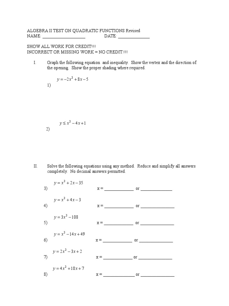 Algebra I I Test On Quadratic Functions | PDF | Teaching Methods ...