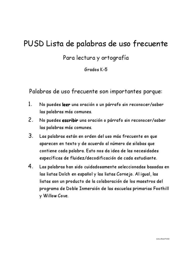 Lista de Palabras Frecuentes K-5 | PDF | Ortografía | Palabra