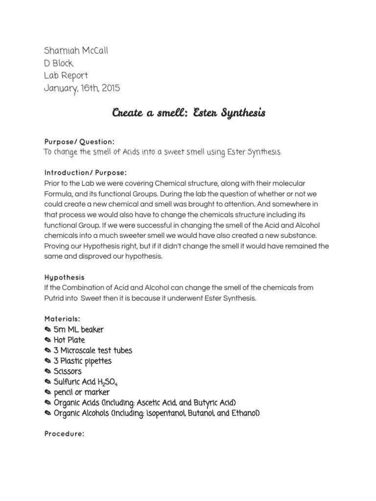 Ester Synthesis Lab Report Results | PDF | Ester | Alcohol