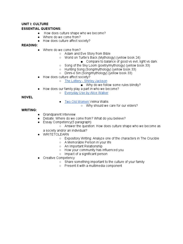 Unit I: Culture Essential Questions:: The Lottery - Shirley Jackson ...