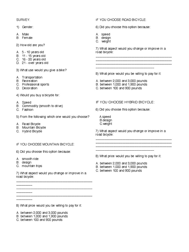 Bicycle Purchase Survey Questionnaire | PDF