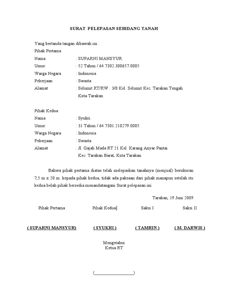 Surat Pelepasan Sebidang Tanah | PDF