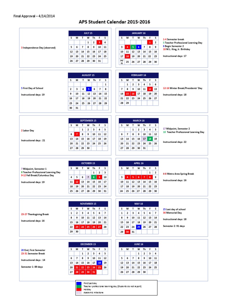 APS Student Calendar 2015-2016 | PDF
