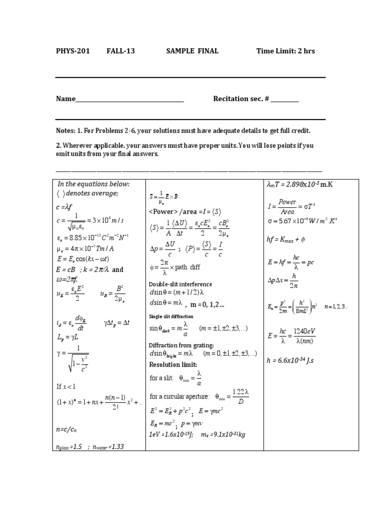 Phys 201 Sample Final | PDF | Electronvolt | Kinetic Energy