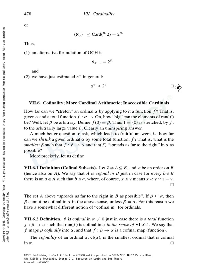 VII.6. Cofinality More Cardinal Arithmetic Inaccessible Cardinals | PDF