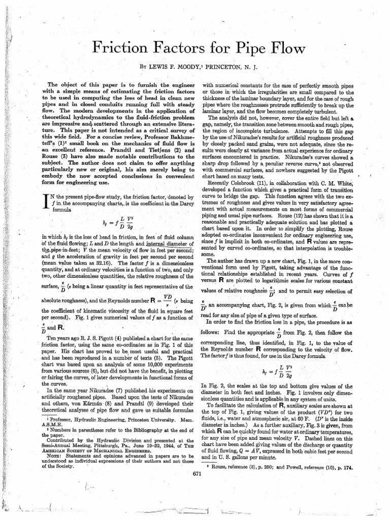 Friction Factors For Pipe Flow-MoodyLFpaper1944 | PDF