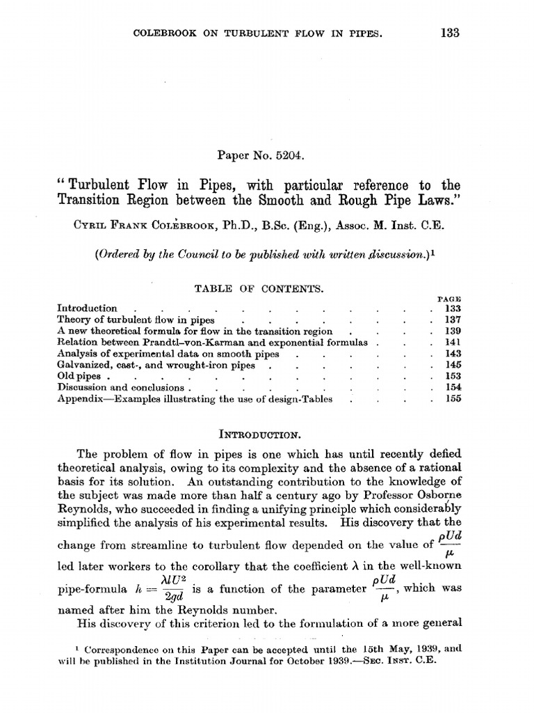 Colebrook White. (1939) | PDF | Reynolds Number | Turbulence