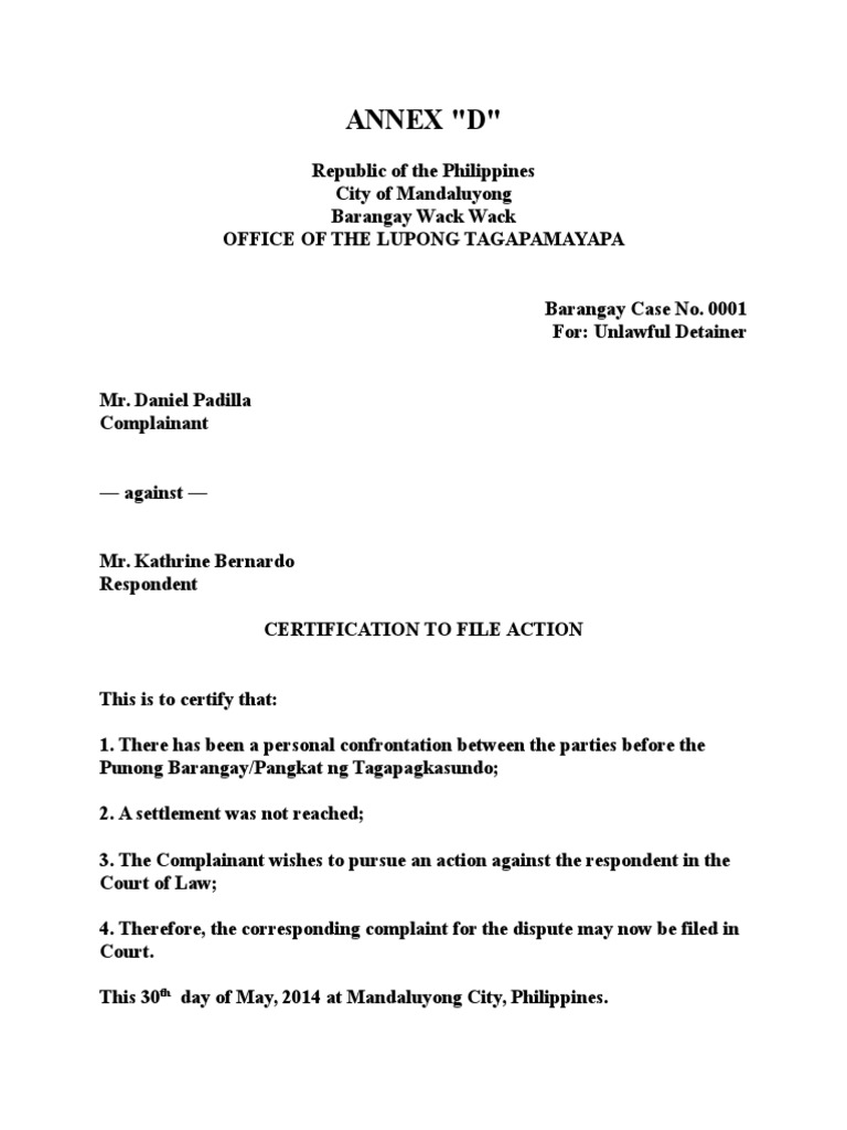 Certificate To File Action Brgy | PDF