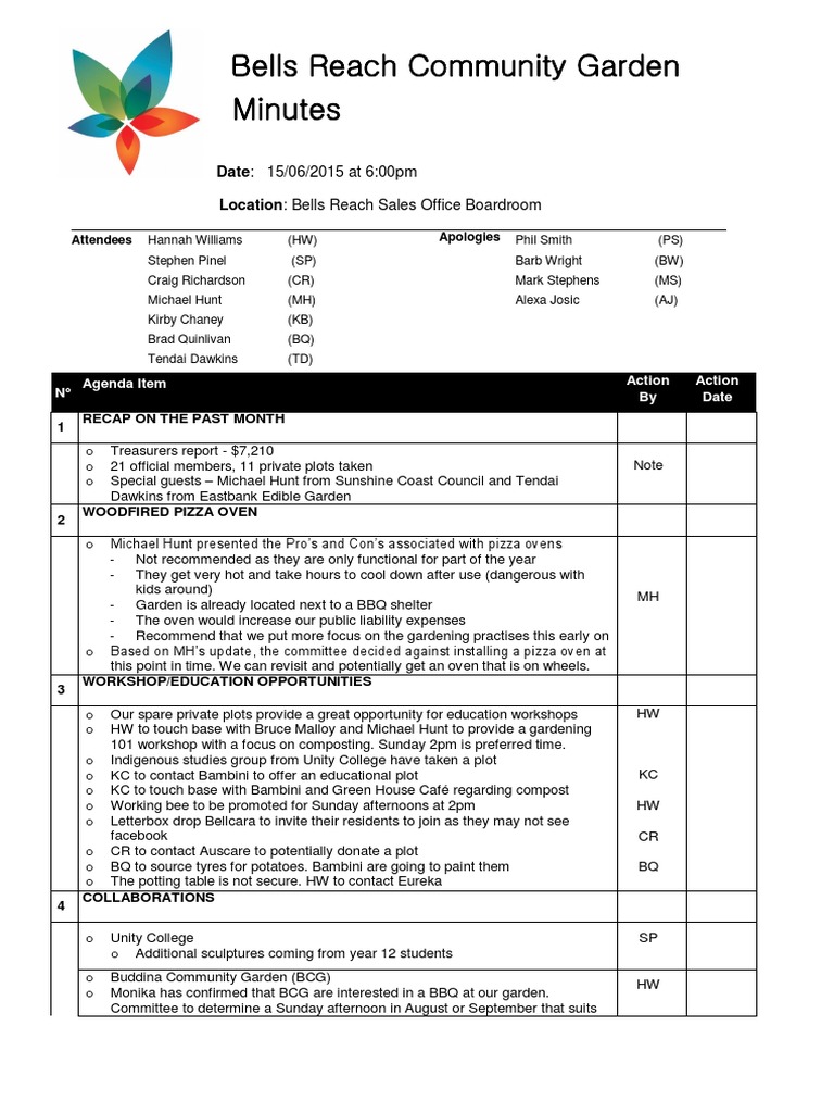 Bells Reach Community Garden Meeting Minutes | PDF | Business