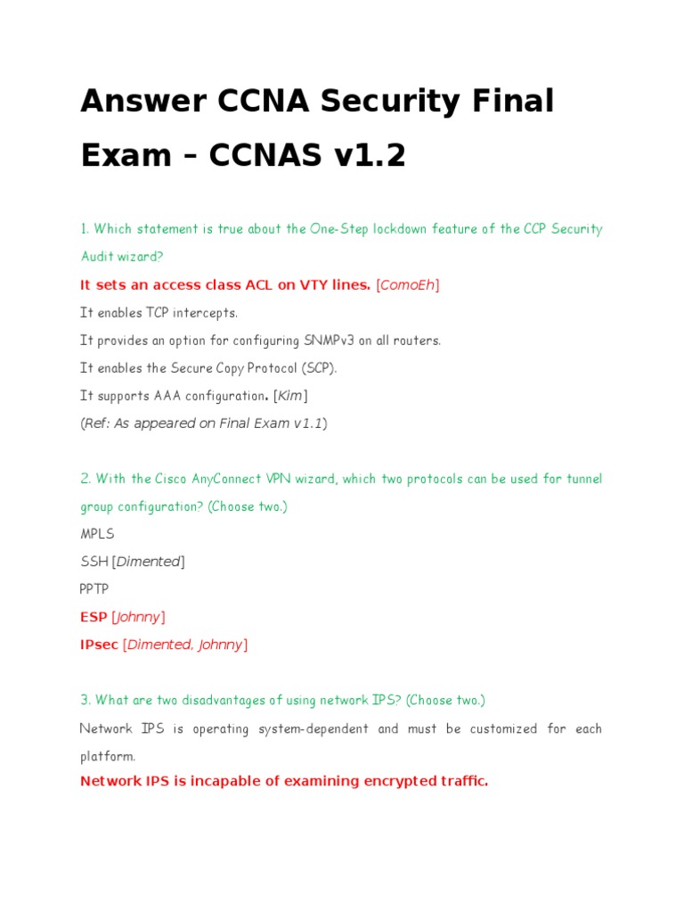 Answer CCNA Security Final Exam v1.2 | Download Free PDF | Virtual Private Network | Firewall ...