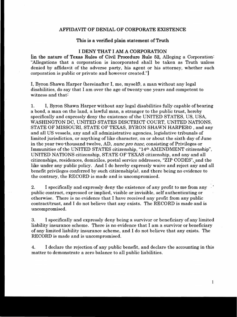 Affidavit of Denial of Corporate Existence | Citizenship | Fourteenth ...