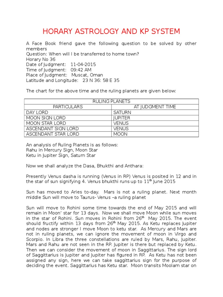Horary Astrology and KP System | PDF | Planets In Astrology | New Age ...