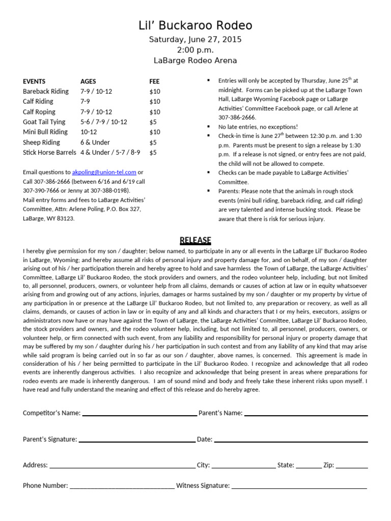 Little Buckaroo Rodeo Signup Form | PDF | Rodeo | Equestrian Sports