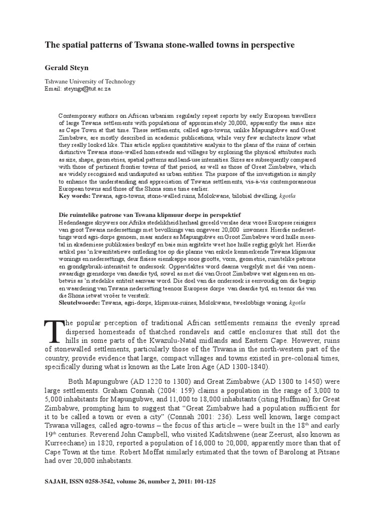 The Spatial Patterns of Tswana Stone-Walled Towns in Perspective by ...