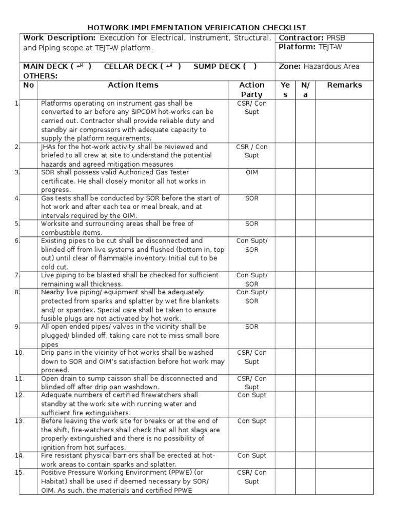 Hotwork Implementation Verification Checklist Rev 5 | PDF | Mechanical Engineering | Science