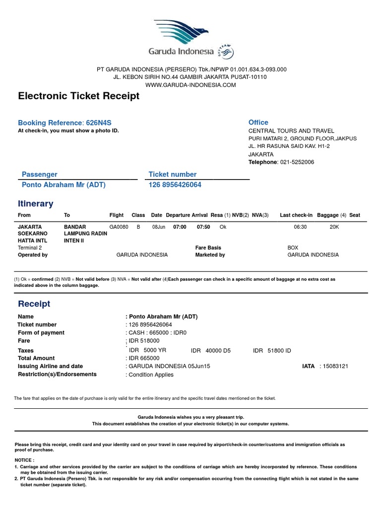 Electronic Ticket Receipt for Domestic Flight from Jakarta to Bandar ...