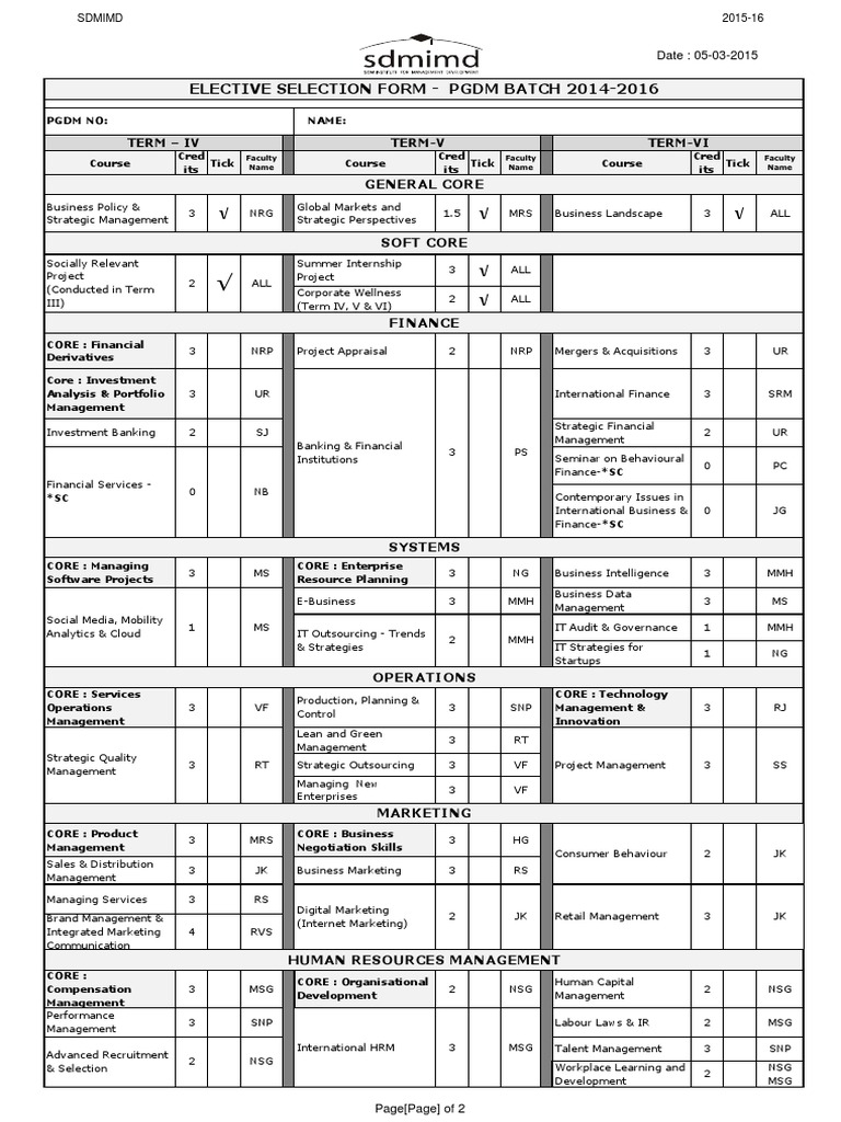 Elective Selection Form - PGDM Batch 2014-2016: Term - Iv Term-V Term-Vi | PDF | Strategic ...