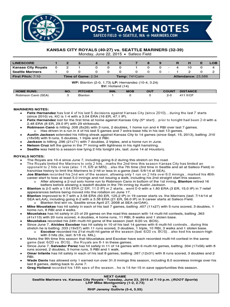 06.22.15 Post-Game Notes | PDF | Home Run | Run (Baseball)