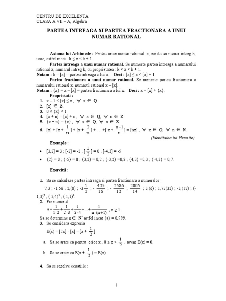 Parte Intreaga-Parte Fractionara, Clasa A VII-A | PDF