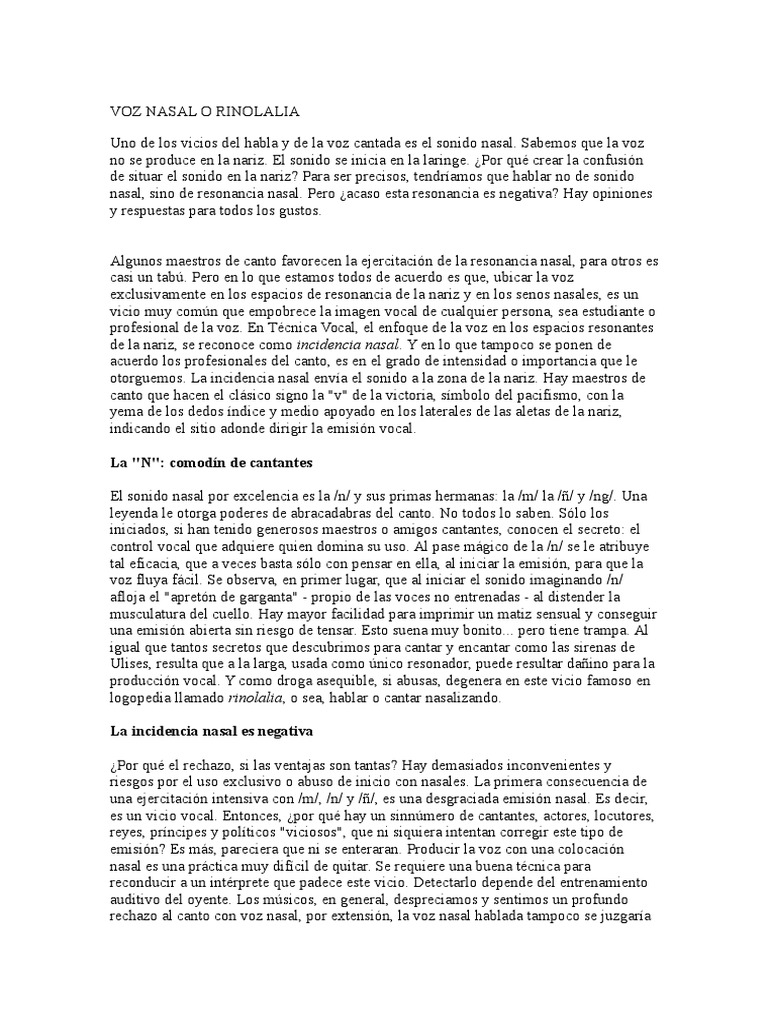 Voz Nasal o Rinolalia | PDF | Canto | Vocal