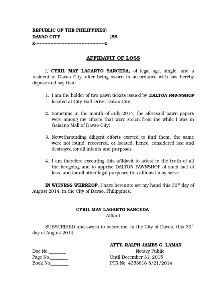 Affidavit of Loss - Pawn Ticket | PDF | Affidavit | Legal Documents