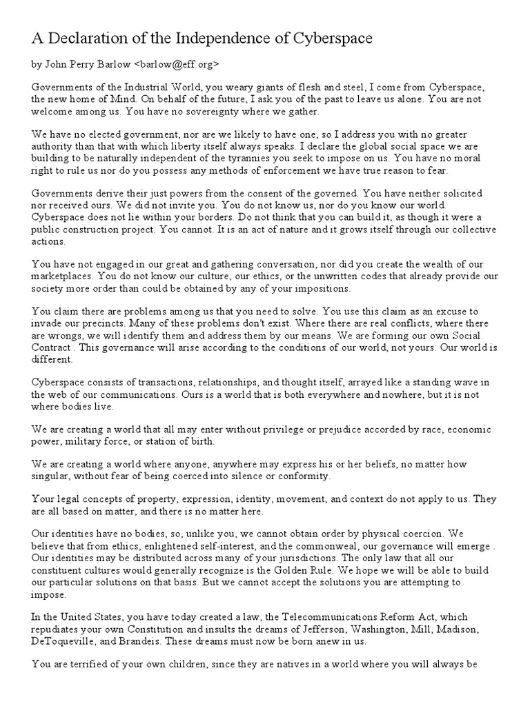 A Declaration of The Independence of Cyberspace PDF | PDF | Cyberspace ...