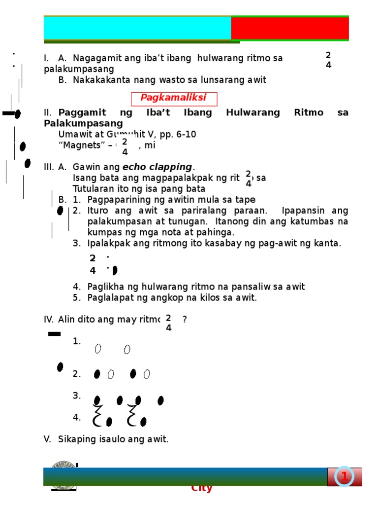 Musika 6 - Lesson 2 - Paggamit NG Hulwarang Ritmo Sa Palakumpasang 24 | PDF