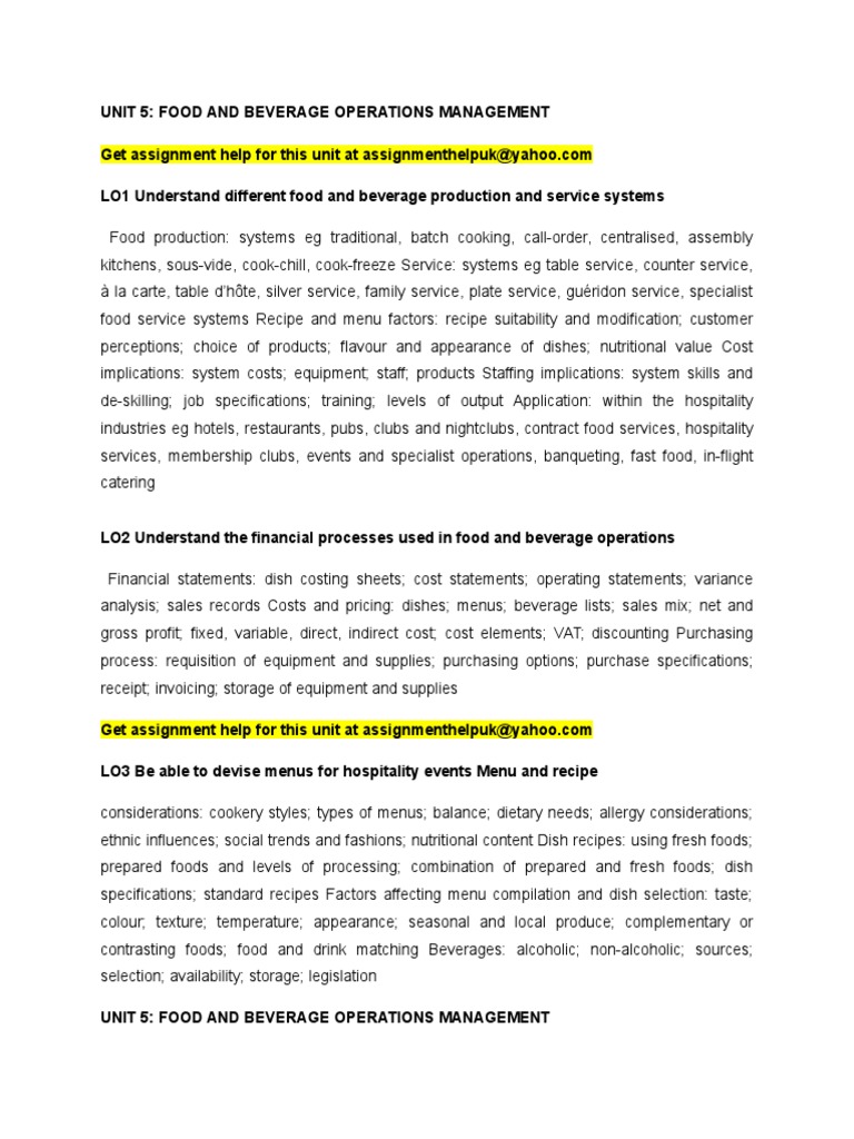 Unit 5: Food and Beverage Operations Management | PDF | Menu | Foodservice
