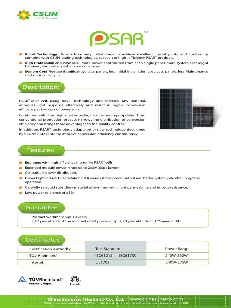CSUN Solar Panel Specifications and Benefits | PDF | Solar Cell ...