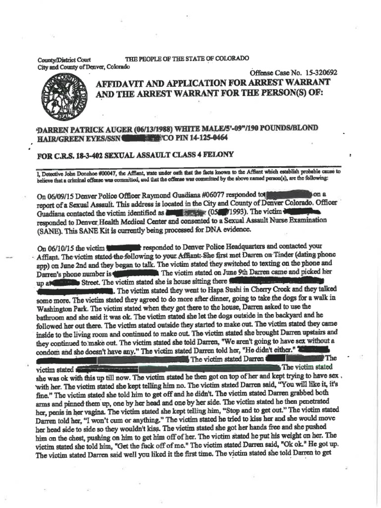 Darren Auger Arrest Affidavit | PDF
