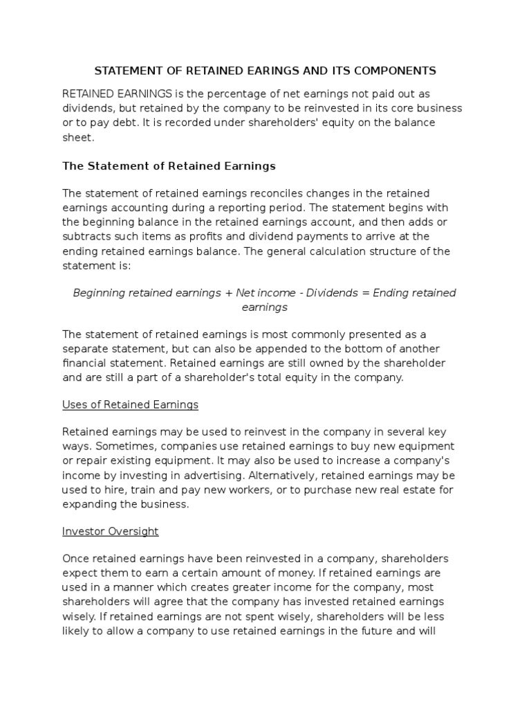 Statement of Retained Earings and Its Components Handout | PDF ...