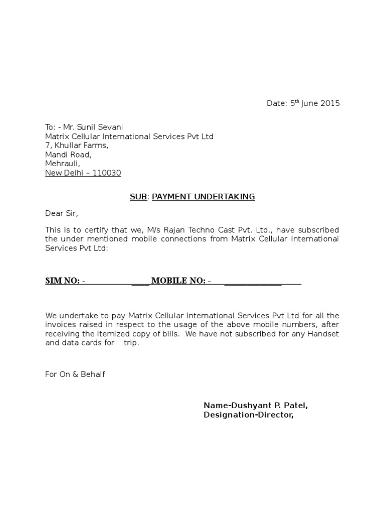 Payment Undertaking Letter Format | PDF