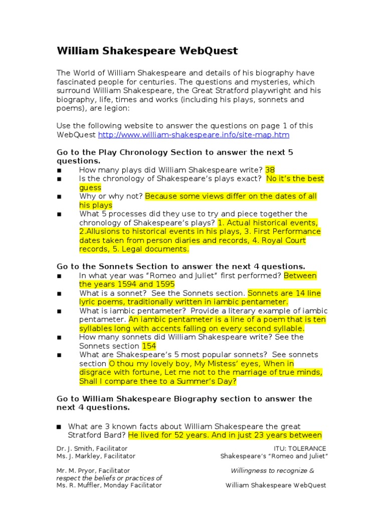 William Shakespeare WebQuest | PDF | William Shakespeare | Sonnets