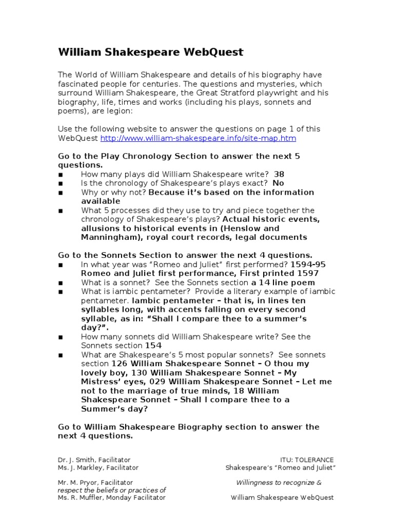 Shakespeare WebQuest Guide | PDF | William Shakespeare | Sonnets