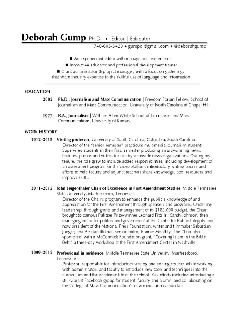 Deborah Gump Resume | Editing | Journalism