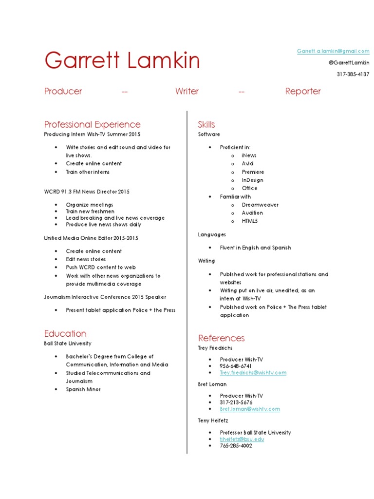 Garrett Lamkin - Producer & Writer Resume | PDF | Computers