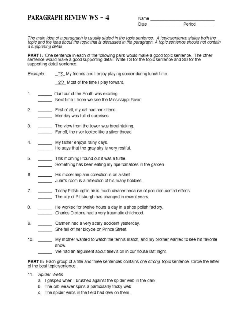 Topic Sentences and Supporting Details Worksheet | PDF | Leisure