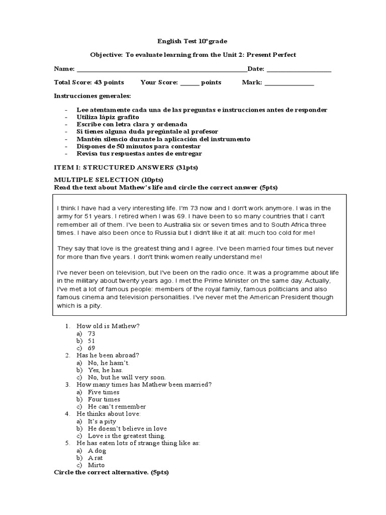Analysis of a 10th Grade English Test on the Present Perfect Tense ...