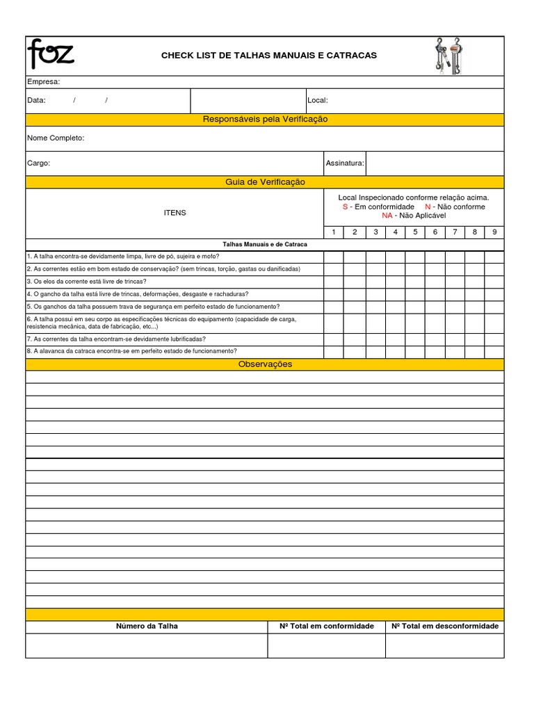 Check List Talhas Manuais e Catracas
