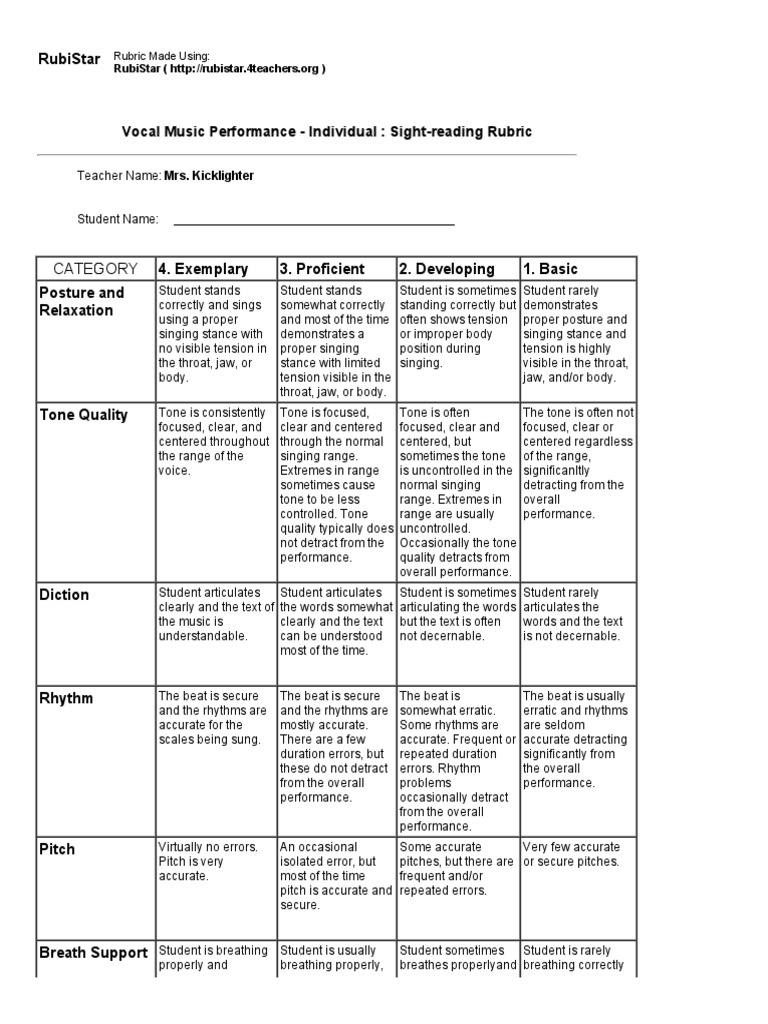 Your Rubric Vocal Music Performance - Individual Sight-Reading Rubric ...
