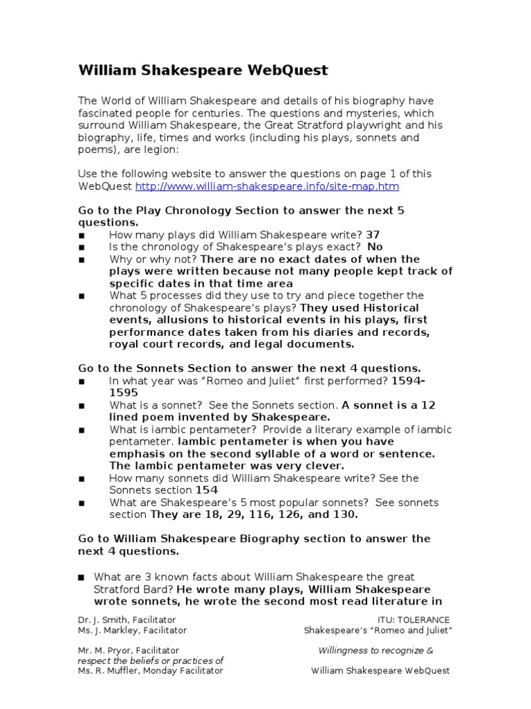 William Shakespeare WebQuest | PDF | William Shakespeare | Sonnets