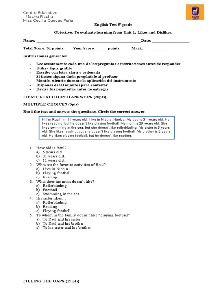 English Test 4 5° Grade | PDF | Grammar | Linguistics