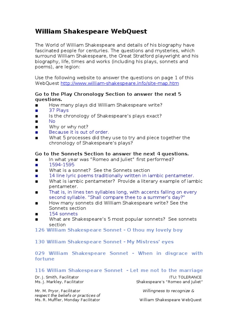 William Shakespeare WebQuest | PDF