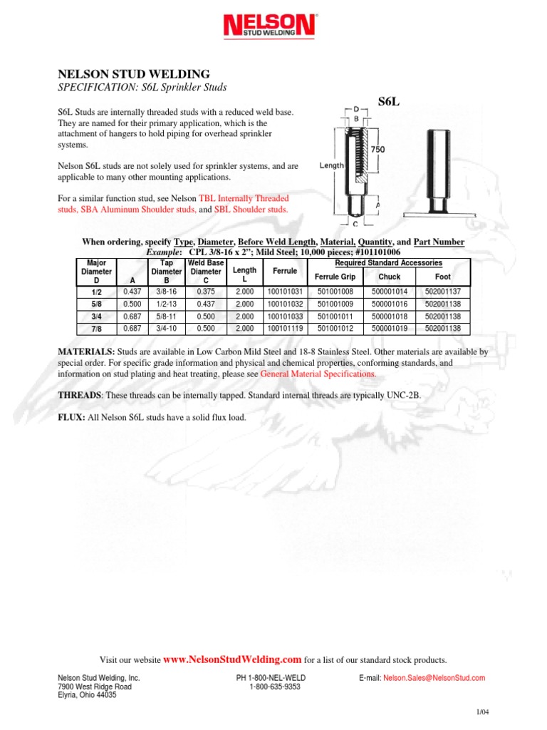 Nelson Stud Welding - S6L Sprinkler Studs | PDF | Technology & Engineering