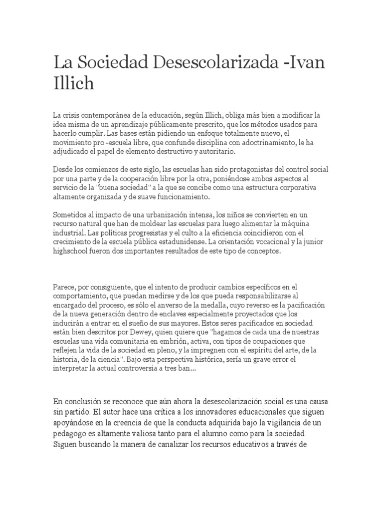 La Sociedad Desescolarizada (Resumen) | PDF | Sociedad | Conceptos ...